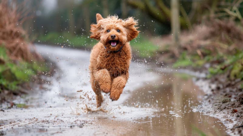 A Poodle Dog Splashing through a Puddle of Water on a Sunny Day Stock ...