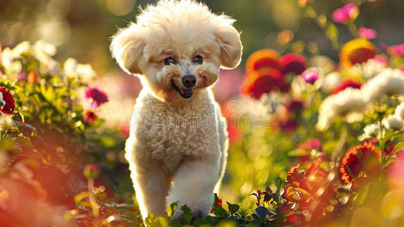 Poodle Joyfully Running through Vibrant Flower Garden at Sunset Stock ...