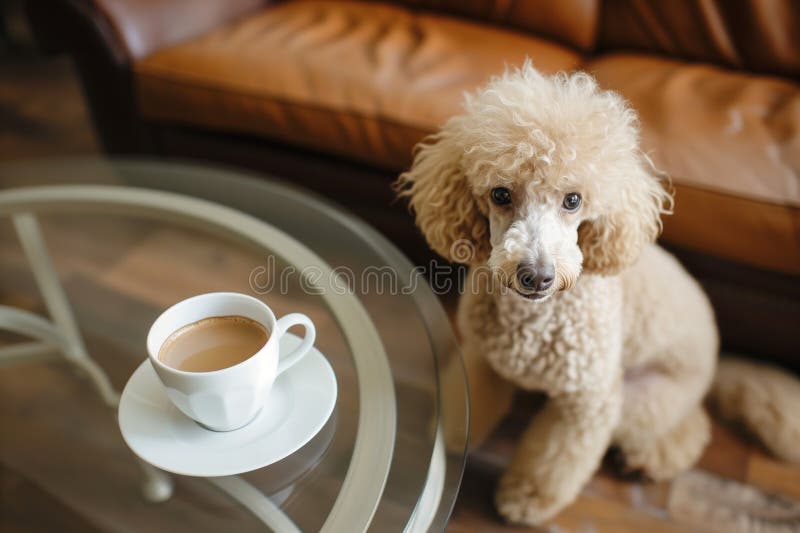 Poodle Next To a Glass Coffee Table with a Mocha Stock Image - Image of ...