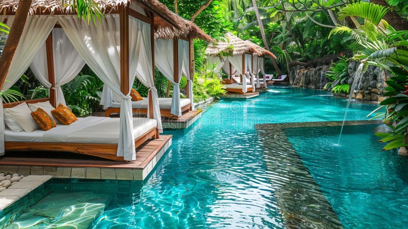 Pool Area Features Luxurious Cabanas and Tropical Plants Stock ...