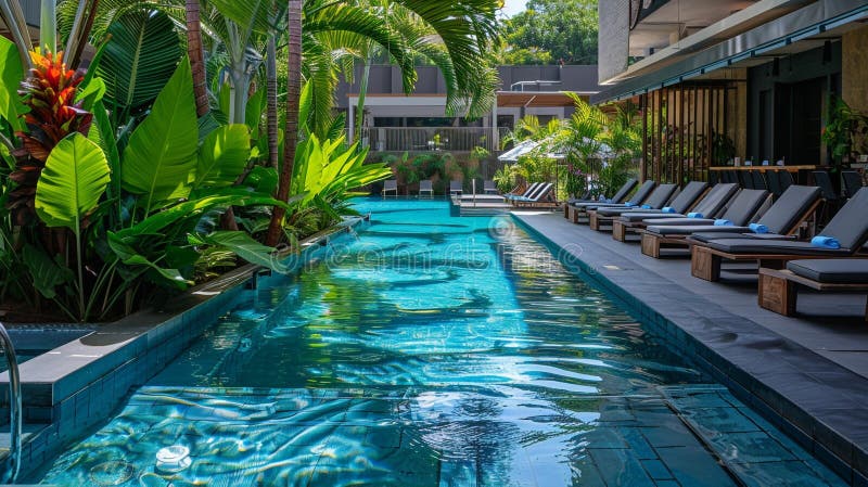 Pool Area Features Swim-up Bar in Luxury Hotel Stock Illustration ...