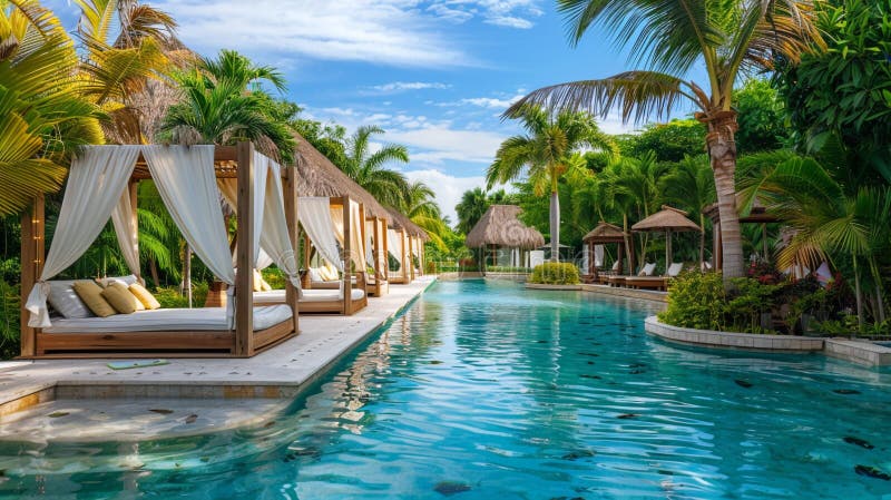 Pool Area Featuring Luxurious Cabanas and Tropical Plants Stock ...