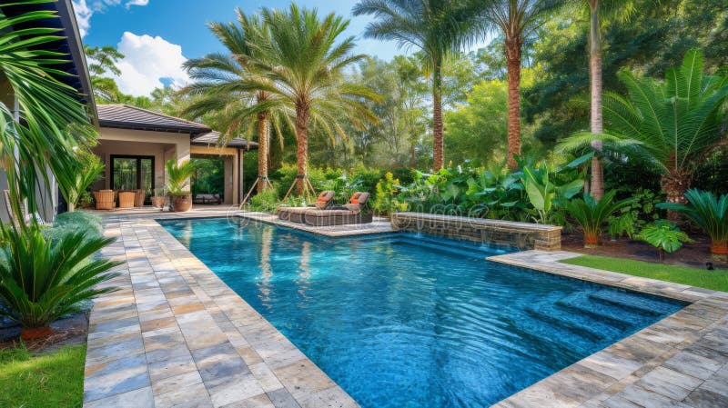 A Pool in a Backyard Surrounded by Lush Green Trees, AI Stock Photo ...