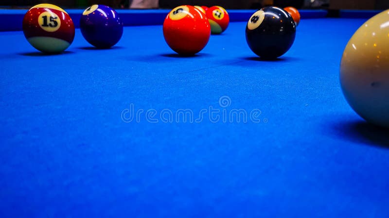 Pool Balls on a Blue Pool Table with Ongoing Game Flat View. on Table ...