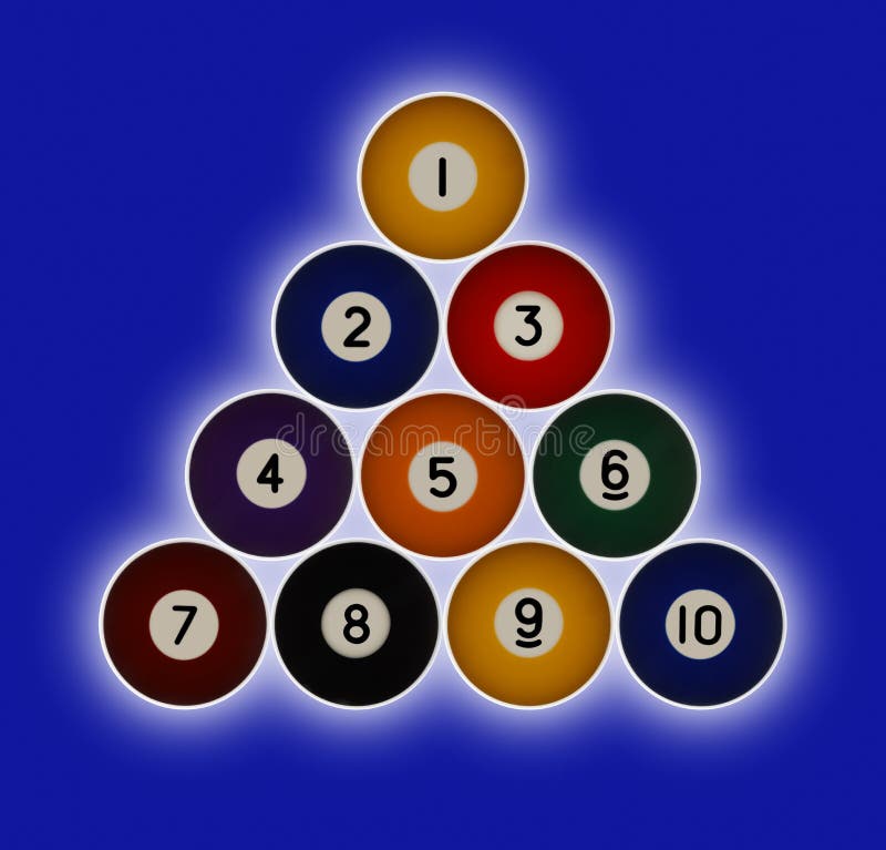 Pool Balls Numbered 1-10 in a Triangle Formation on a Green Background ...