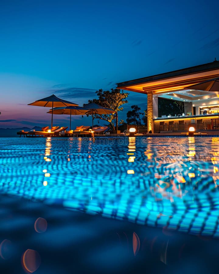A Pool with a Bar and Lounge Chairs Stock Image - Image of night, town ...