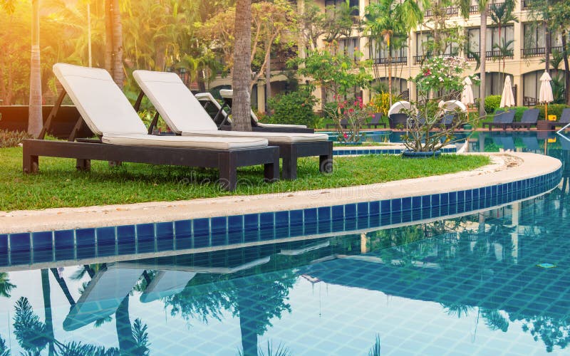 Pool Bed Near Swimming Pool in Tropical Resort Stock Photo - Image of ...