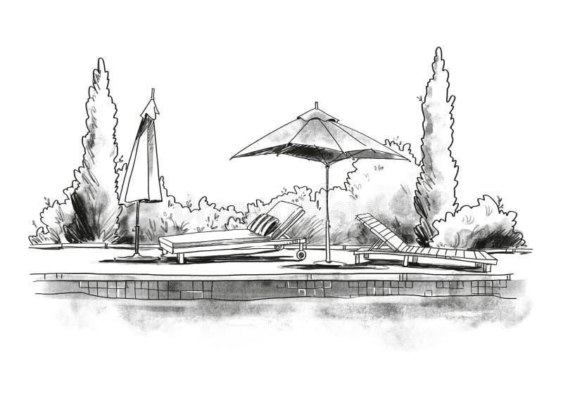 By the Pool. Black and White Quirky Sketch of Sunbeds by the Pool Stock ...