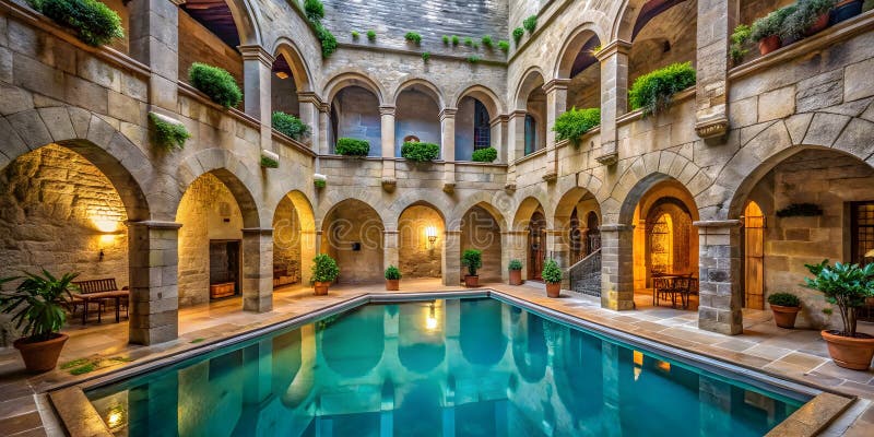 Pool Built Inside an Ancient Castle Courtyard Stock Illustration ...