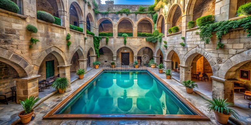 Pool Built Inside an Ancient Castle Courtyard Stock Illustration ...