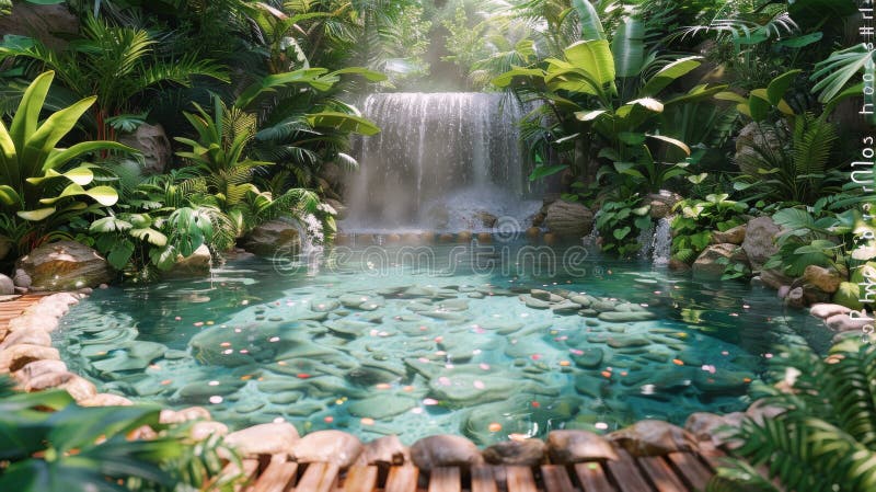 Pool with Central Waterfall Stock Photo - Image of cascade, waterfall ...