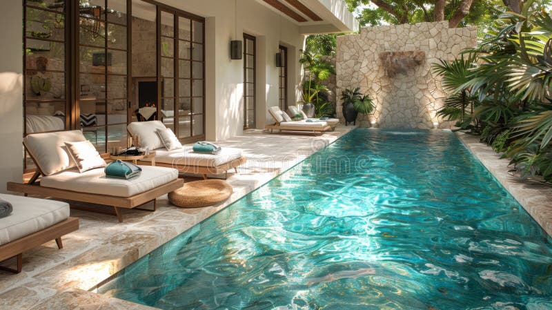 Pool with Central Waterfall Stock Photo - Image of outdoors, flow ...