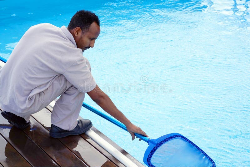 Hotel Staff Worker Cleaning the Pool. Maintenance. Stock Image - Image ...