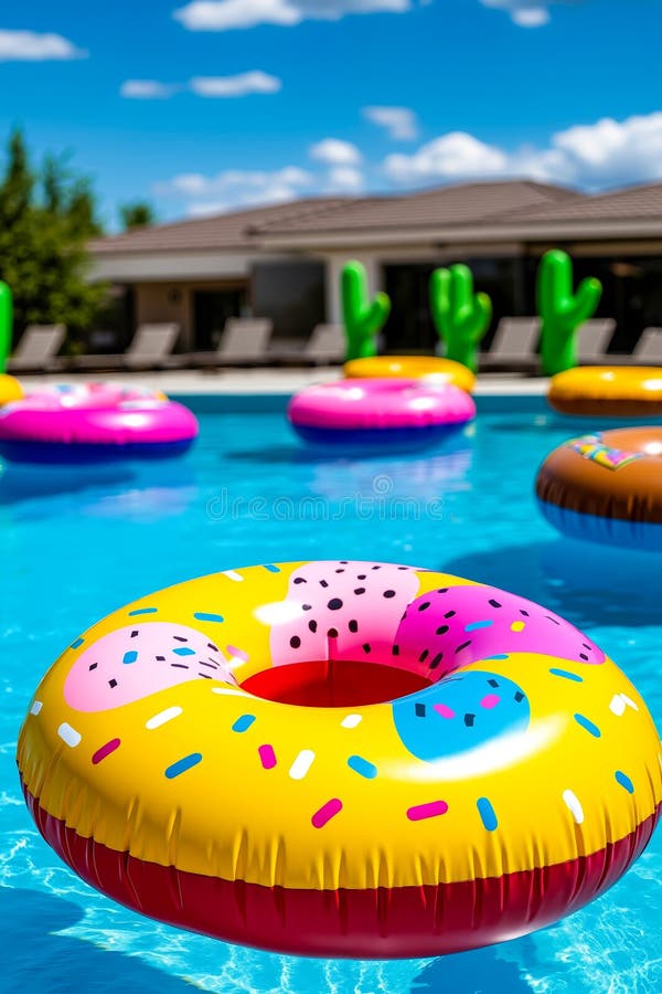 A Group of Inflatable Donuts Floating in a Swimming Pool Stock Photo ...