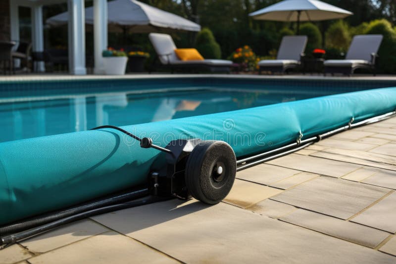 Pool Cover Roller Sitting Empty on Pool Deck Stock Image - Image of ...