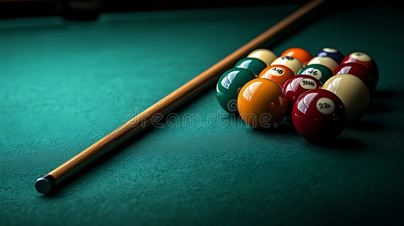Pool Cue beside Racked Billiard Balls on Green Felt Table Stock ...