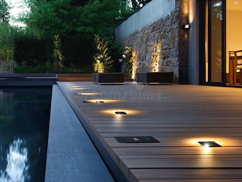 A Pool Deck with Lights on the Ground and a Wall Behind it Picture ...