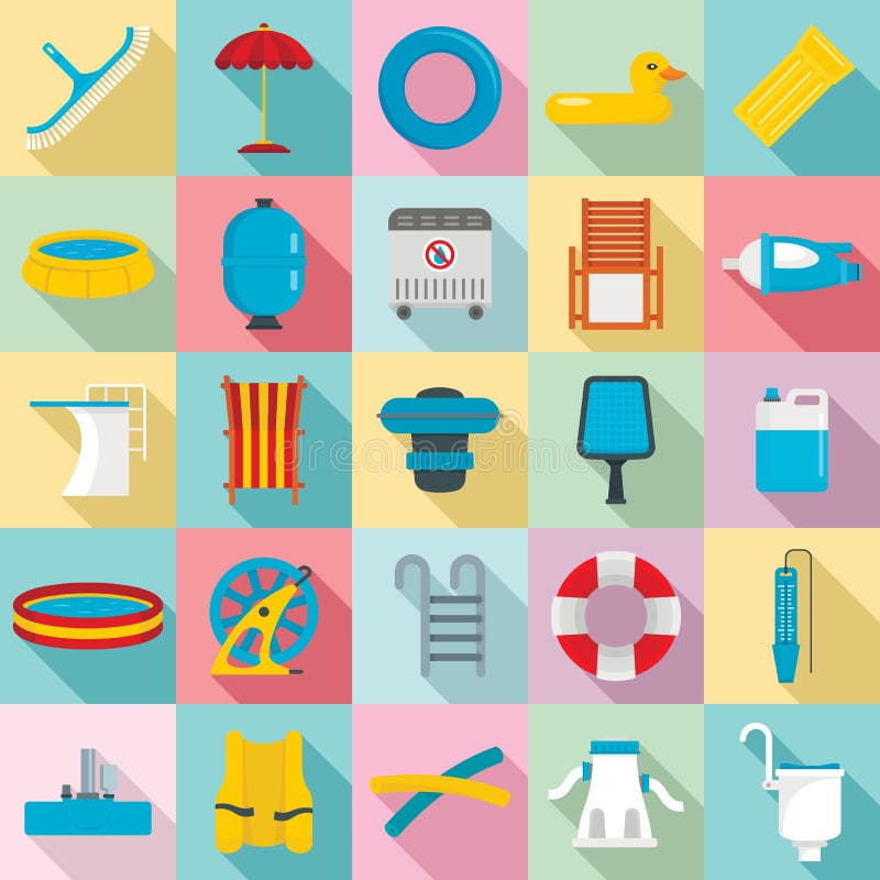 Pool Equipment Icon Set, Flat Style Stock Vector - Illustration of ...