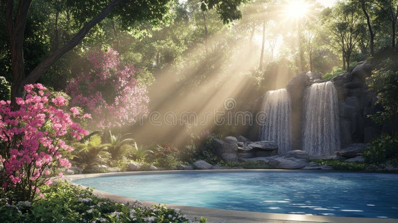 A Pool Featuring a Central Waterfall, Encircled by Trees and Bushes ...