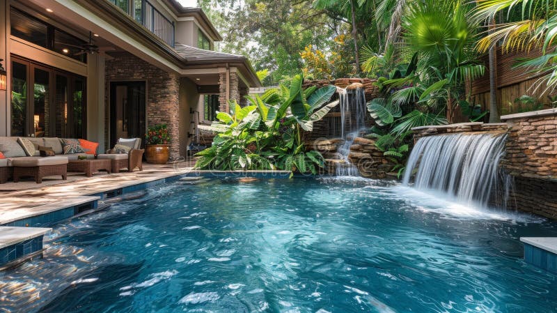 Pool with Central Waterfall Stock Image - Image of central, feature ...