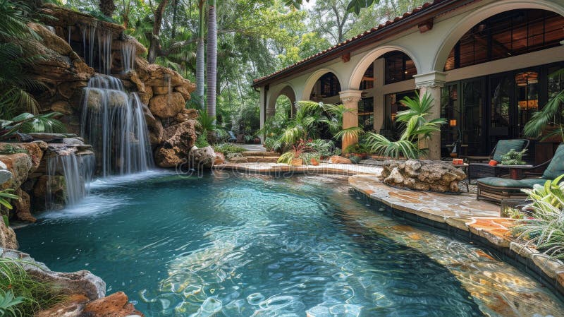 Pool with Central Waterfall Stock Image - Image of backyard, point ...