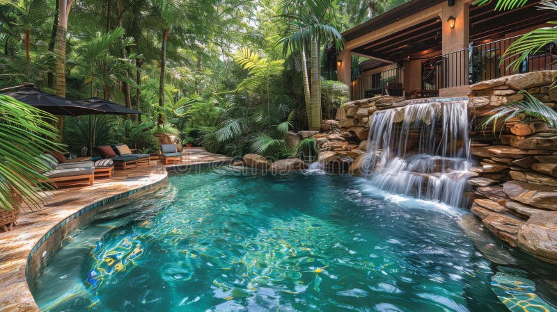 Pool with Central Waterfall Stock Image - Image of feature, focal ...