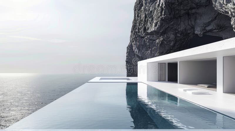 A Pool Featuring White Walls Juxtaposed with a Black Cliff Wall ...