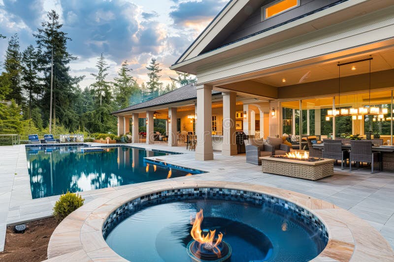 Pool with a Fire Pit in the Middle Stock Image - Image of contemporary ...