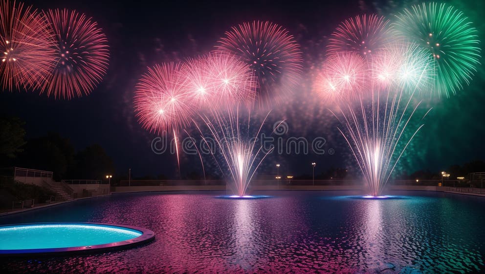 A Pool with a Fountain and Fireworks Stock Illustration - Illustration ...