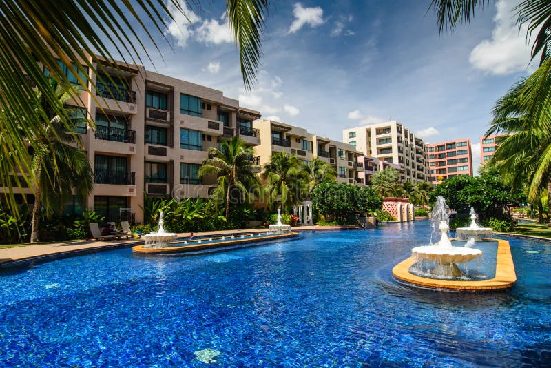 Pool with Fountain Water in Hotel Yard Stock Photo - Image of pool ...