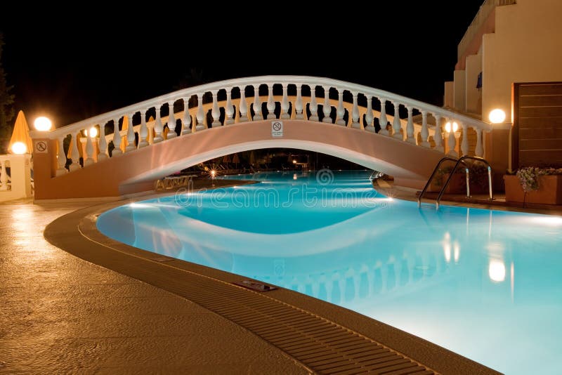 Pool of Greek Hotel at Night Stock Photo - Image of illuminated ...