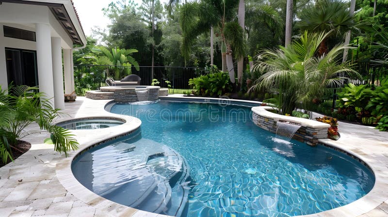 The Pool Has Blue Water and a Handrail Onto the Pool. Around the Pool ...