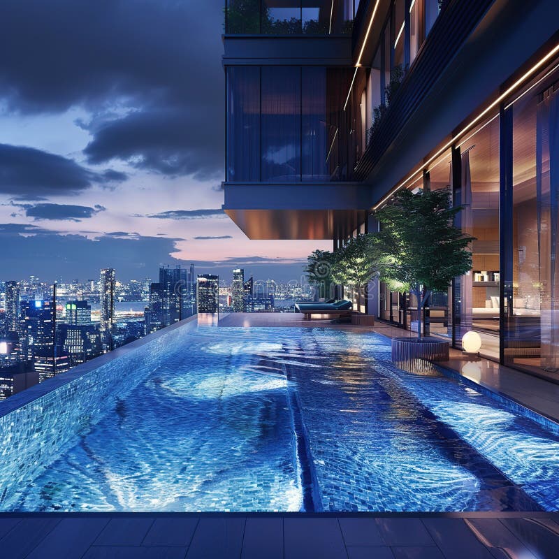 Pool on a High Rise Terrace with a Spectacular Urban Skyline Stock ...