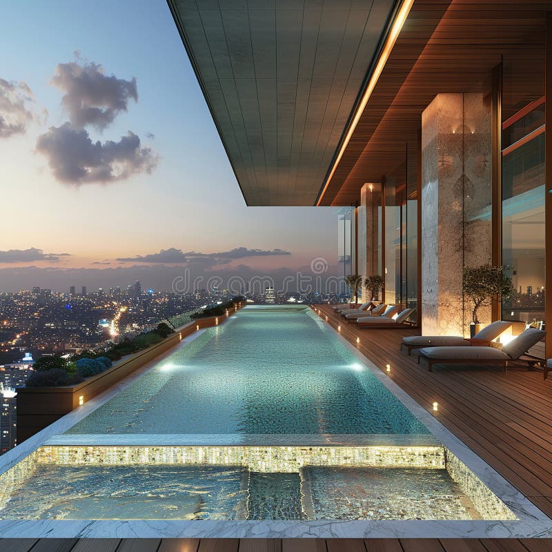 Pool on a High Rise Terrace with a Spectacular Urban Skyline Stock ...