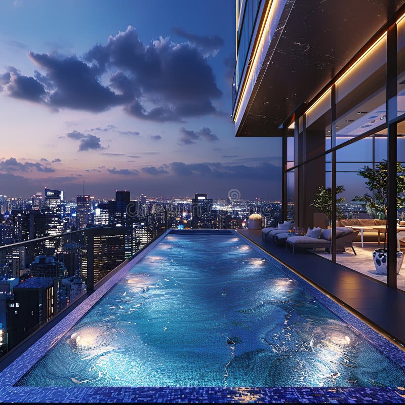 Pool on a High Rise Terrace with a Spectacular Urban Skyline Stock ...