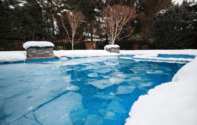 Pool with Ice and Slush after Snow Storm. Stock Photo - Image of ...