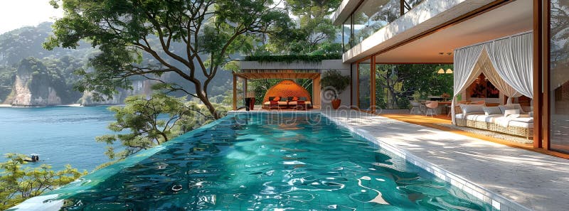 Pool and Lounge Area with a Mountain Backdrop and Water View, AI ...