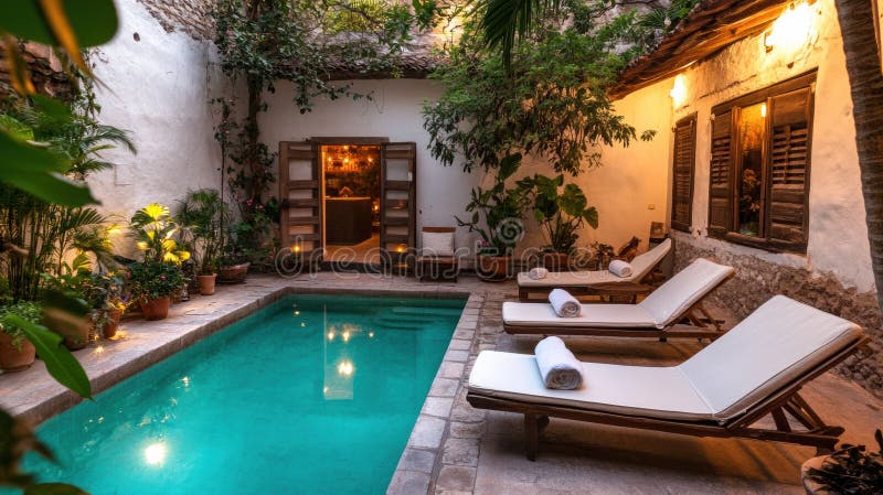 A Pool with Lounge Chairs and a Small Patio Area, AI Stock Image ...