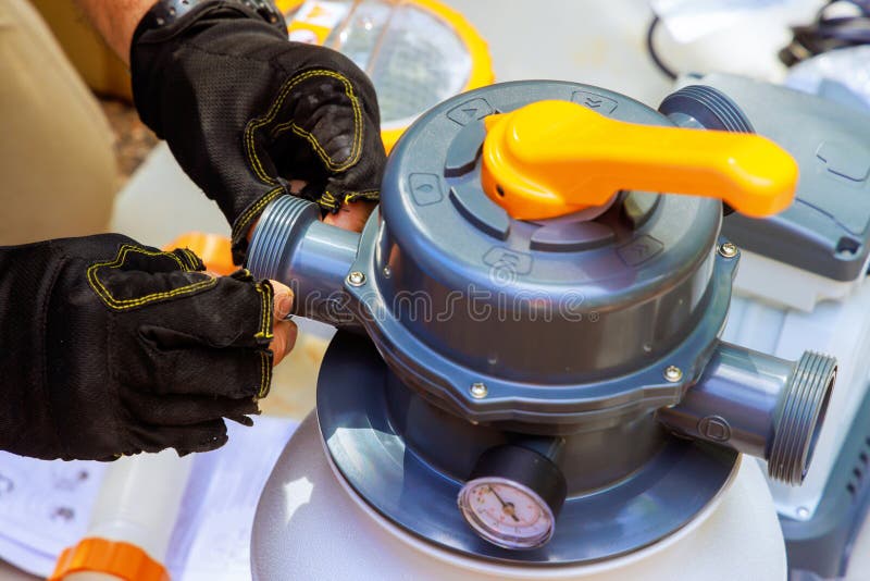 Pool Maintenance Worker Assembles Sand Filter System Tank Equipment for ...