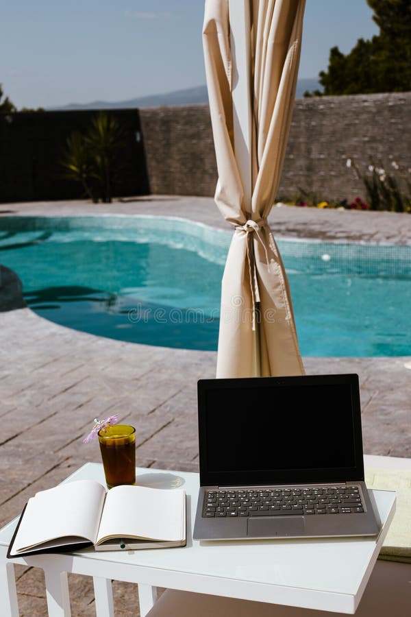 Pool Office, Working from Home, Laptop, Notebook and Cool Drink Stock ...