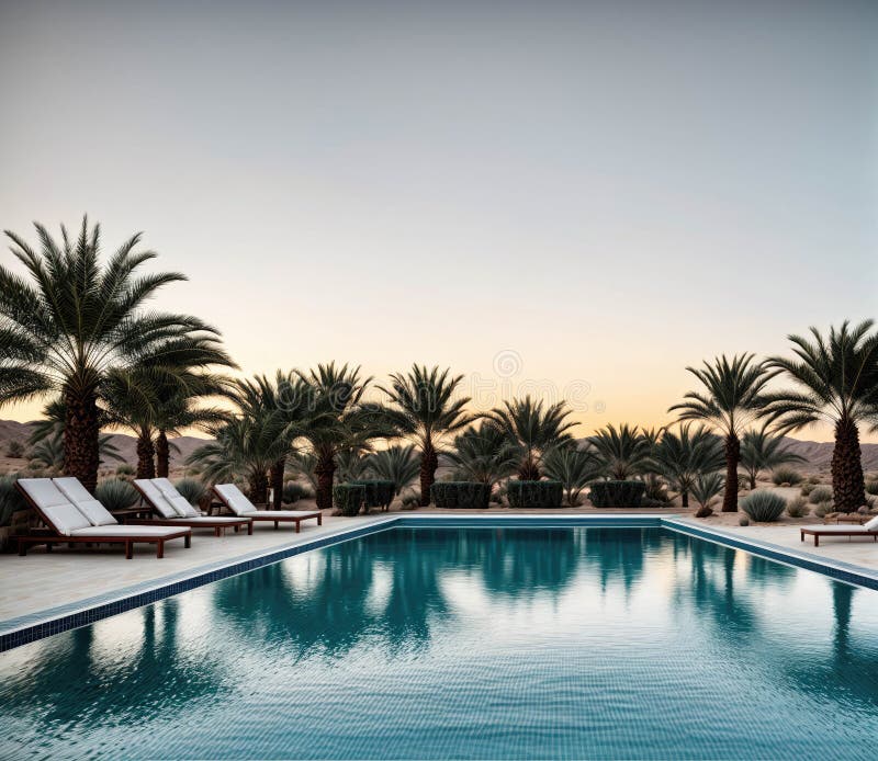A Pool with Palm Trees in the Background and a Sunset in the Distance ...