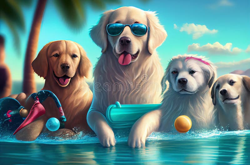 Pool party for the dogs stock illustration. Illustration of cute ...