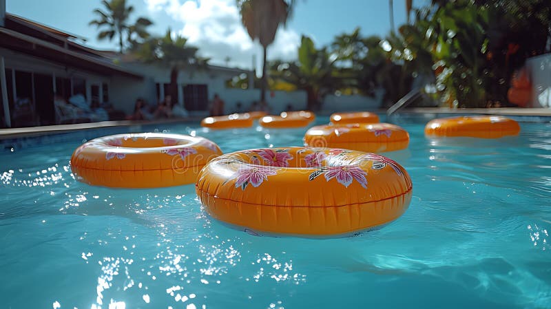 Pool Party Floats, Tropical Backyard, Sunny Day Stock Illustration ...