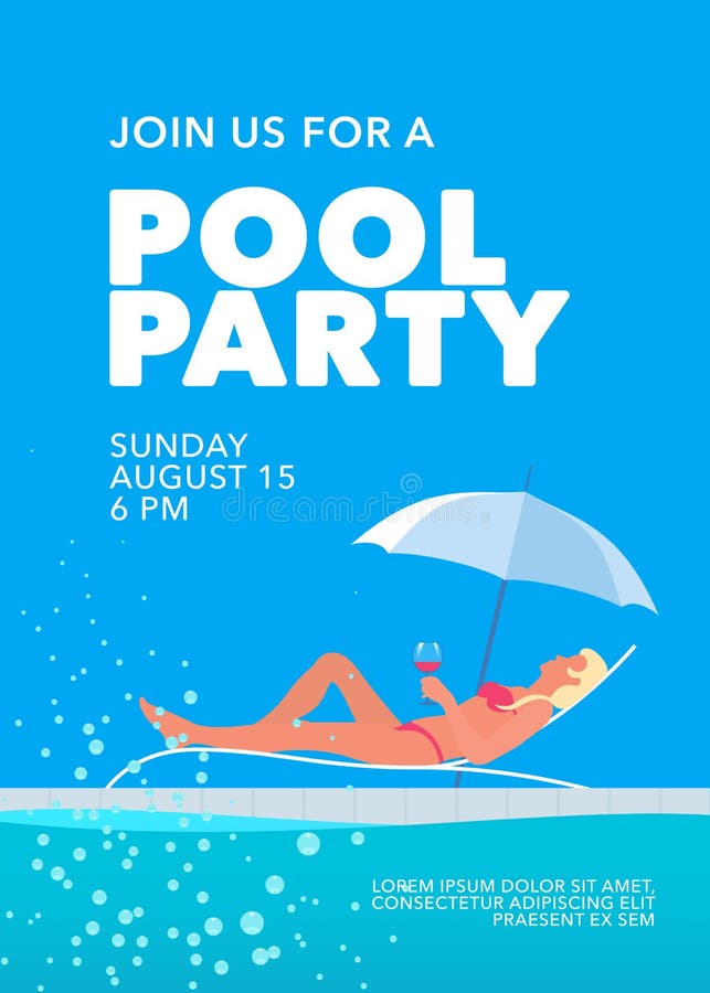 Pool Party Poster With Girl Under Umbrella And Swimming Pool Vector