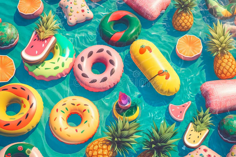 Pool Party Scene with a Bright and Colorful Floaties, Tropical-themed ... Pool Party Scene with a Bright and Colorful Floaties, Tropical-themed ...