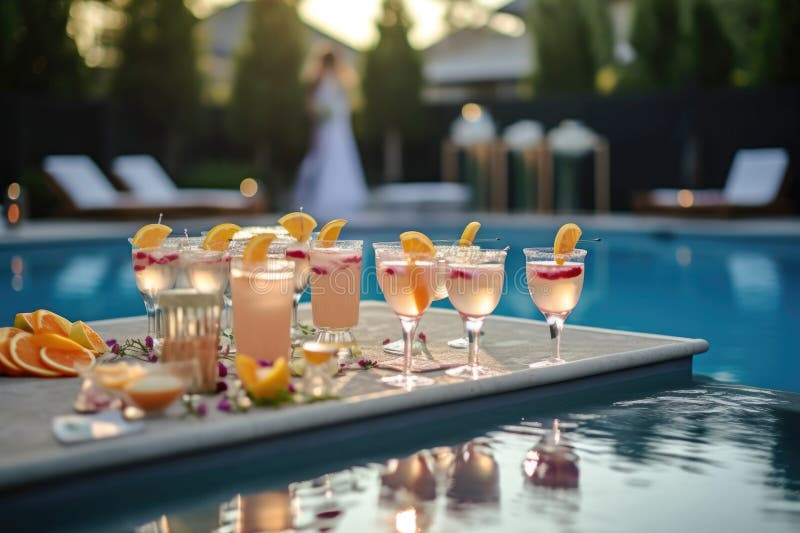Pool Party Setup with French 75 Cocktails in the Foreground Stock ...