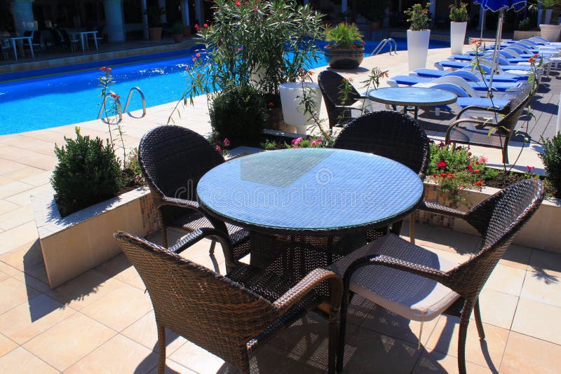 Pool Patio Rattan Furniture Stock Photo - Image of decorative, outdoors ...