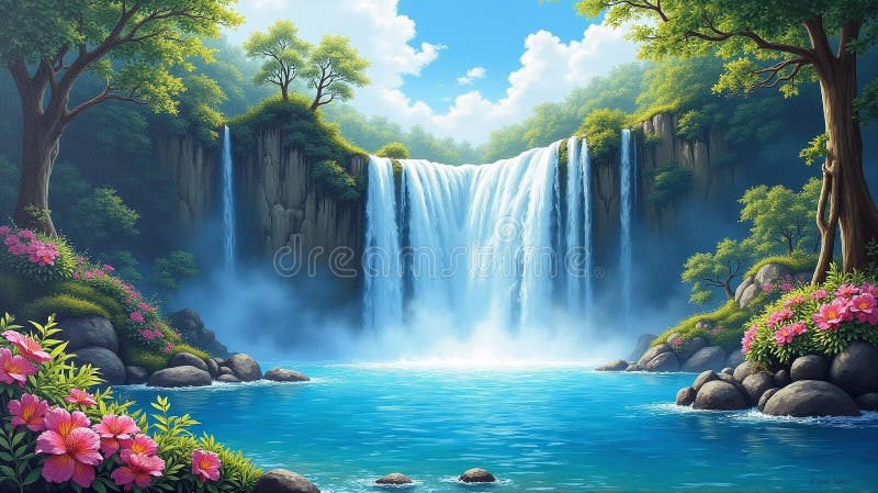 Pool of Peace: the Elegance of a Waterfall Oasis Stock Illustration ...