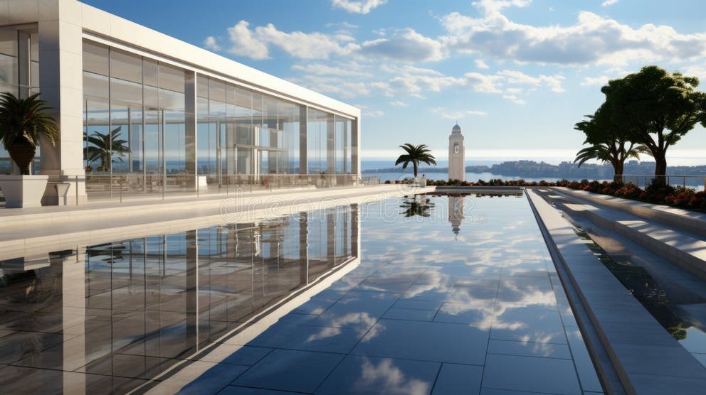 A Pool with a Reflecting Pool and a Building in the Background, AI ...