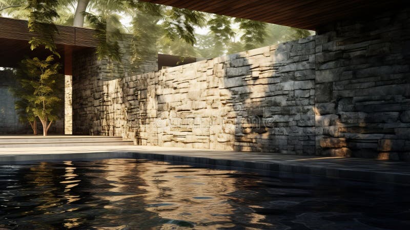 Tranquil Pool: Vray Tracing and Textured Stone Walls Stock Illustration ...